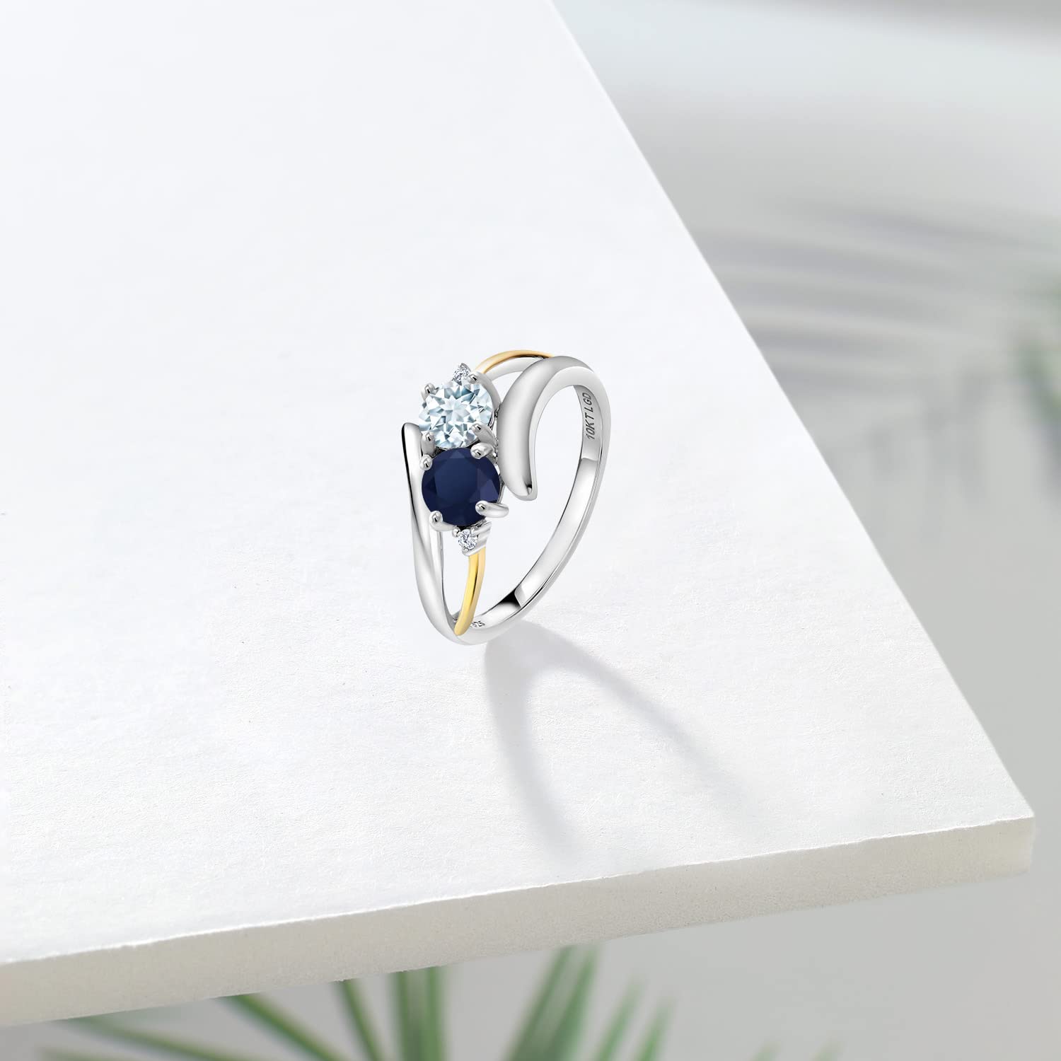 925 Sterling Silver and 10K Yellow Gold Sky Blue Aquamarine Blue Sapphire and White Lab Grown Diamond 2 Stone Crossover Ring (1.12 Cttw, Gemstone Birthstone, Available in size 5, 6, 7, 8, 9)