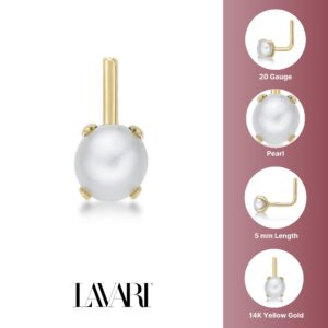 Lavari Jewelers 3 mm Fresh Water Pearl 20 Gauge L-Shape Nose Stud for Women - 14k Yellow Gold Nose Ring - Unisex Stud Hypoallergenic Nostril Piercing Jewelry - 20G Body Piercing for Men