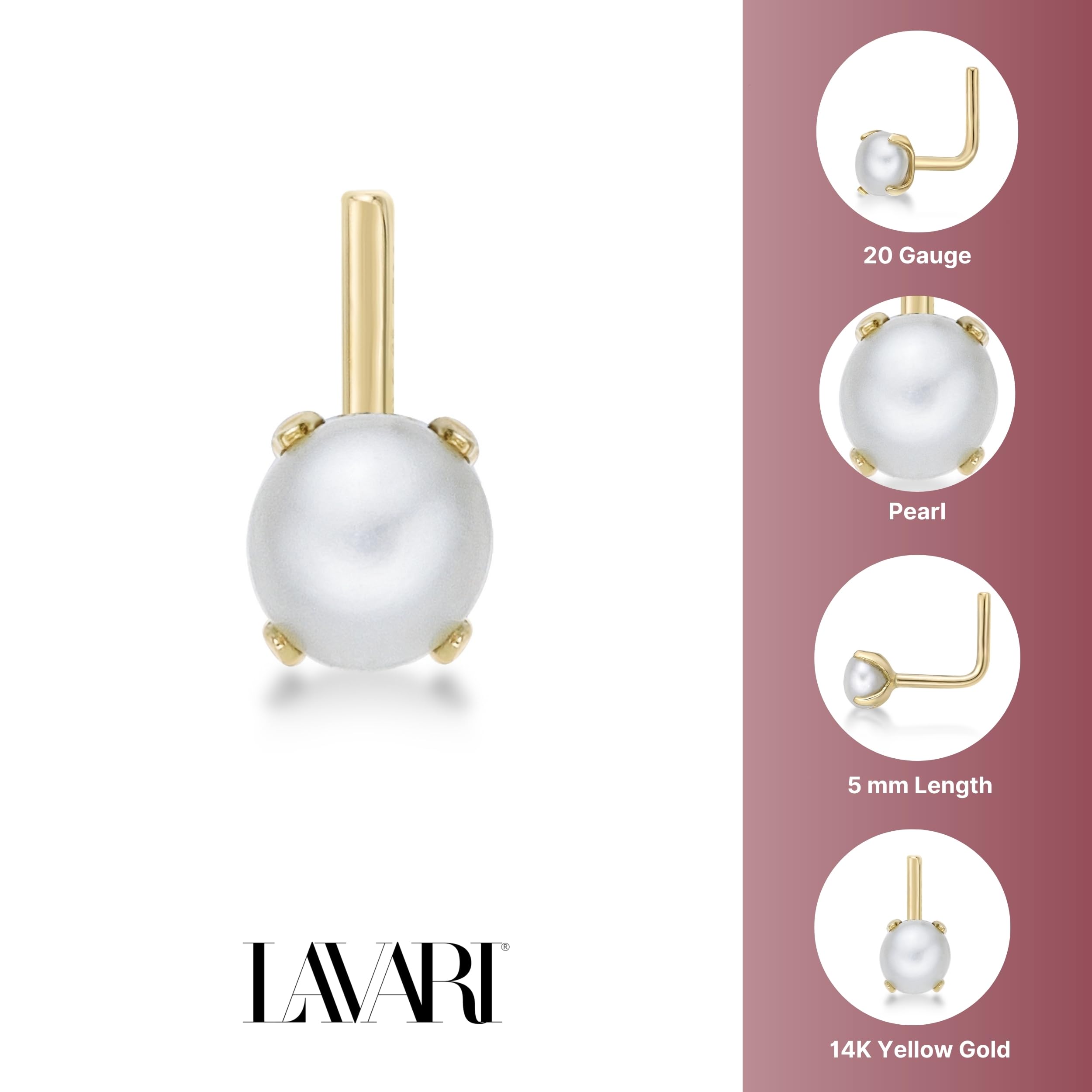 Lavari Jewelers 3 mm Fresh Water Pearl 20 Gauge L-Shape Nose Stud for Women - 14k Yellow Gold Nose Ring - Unisex Stud Hypoallergenic Nostril Piercing Jewelry - 20G Body Piercing for Men