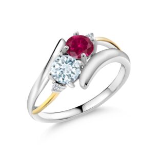 gem stone king 925 sterling silver and 10k yellow gold red created ruby and sky blue aquamarine with lab grown diamond 2 stone crossover ring for women (1.52 cttw, available in size 5, 6, 7, 8, 9)