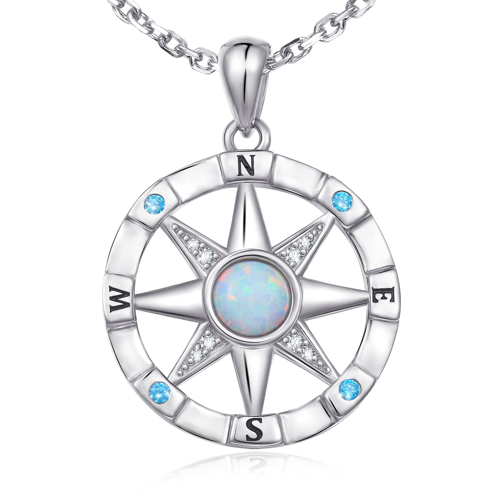 Bolelis Sterling-Silver Opal Compass Necklace for Women - Inspirational Nautical Dream Compass Pendant，Created Opal Necklaces for Women Mother's Day and Graduation Jewelry Gifts