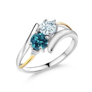 gem stone king 925 sterling silver and 10k yellow gold sky blue aquamarine and london blue topaz with white lab grown diamond 2 stone women crossover ring (1.22 cttw, available in size 5, 6, 7, 8, 9)