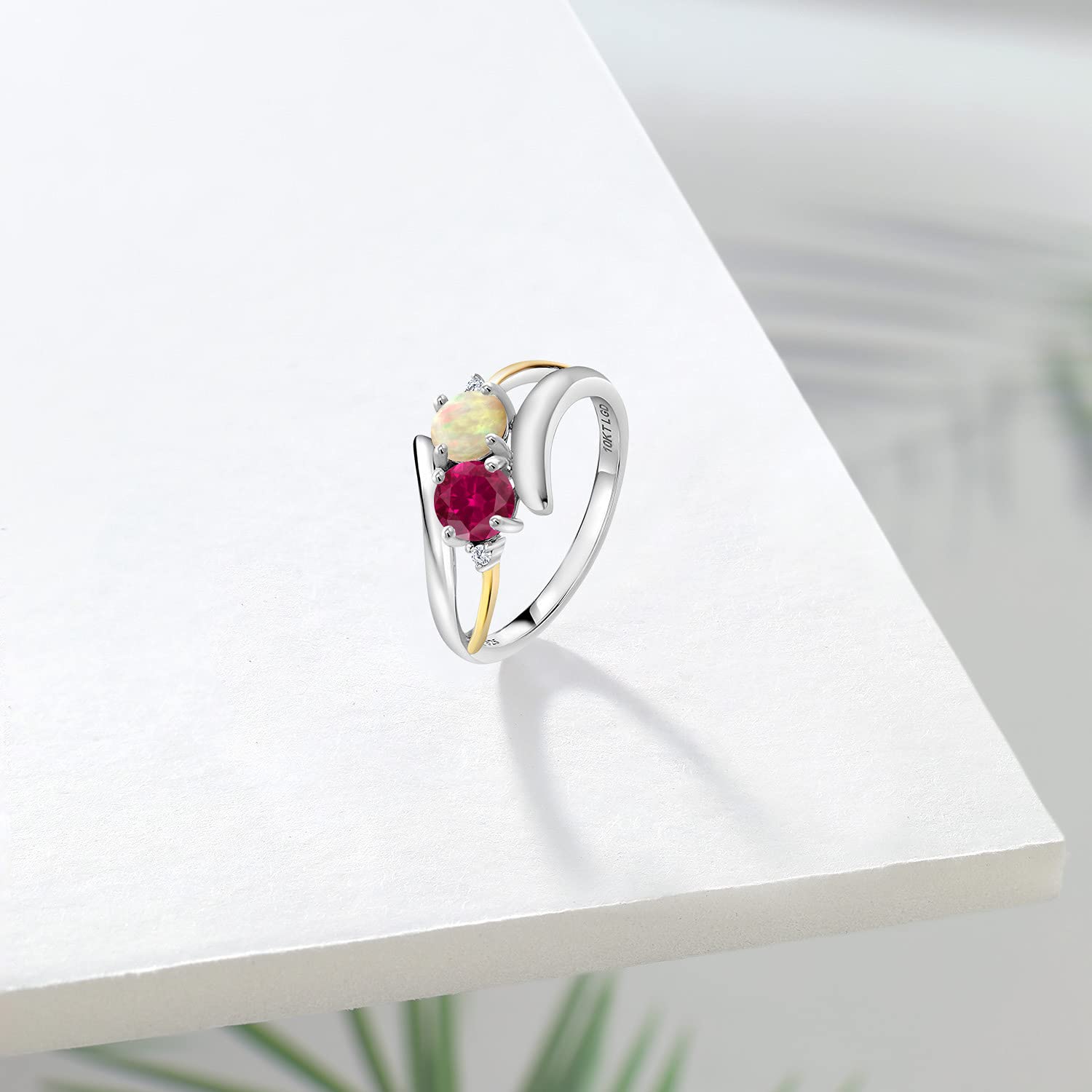 Gem Stone King 925 Sterling Silver & 10K Yellow Gold Round Cabochon White Ethiopian Opal Red Created Ruby & Lab Grown Diamond Women Ring (1.32 Cttw, Available In Size 5, 6, 7, 8, 9)