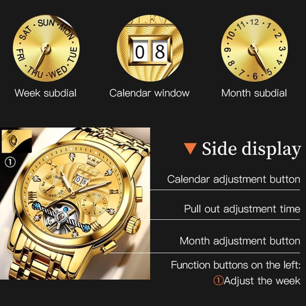 OLEVS Self Winding Watches for Men Tourbillon Automatic Mechanics Luxury Dress Gold Face Gold Stainless Steel Strap Luminous Waterproof Wrist Watches