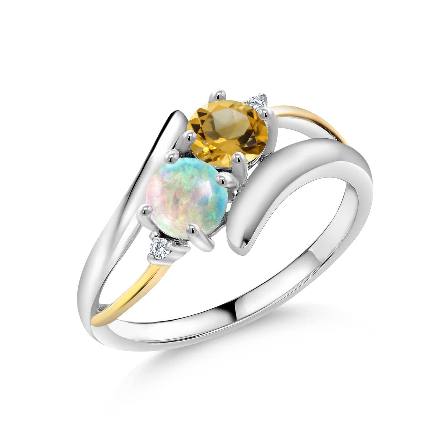 Gem Stone King 925 Sterling Silver and 10K Yellow Gold Yellow Citrine White Simulated Opal and White Lab Grown Diamond 2 Stone Crossover Ring (1.25 Cttw, Available in size 5, 6, 7, 8, 9)