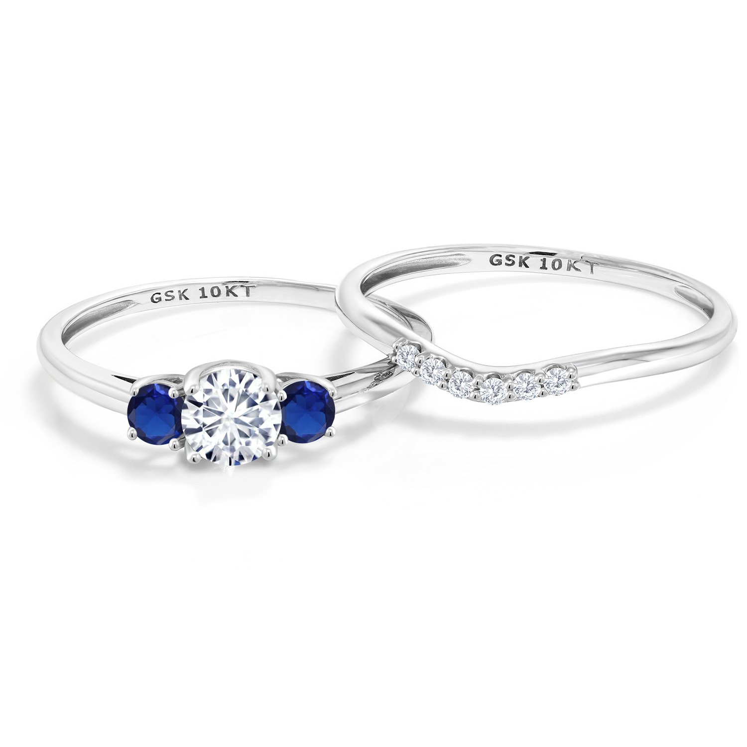 10K White Gold Forever Classic Moissanite From Charles & Colvard and Blue Created Sapphire and Lab Grown Diamond 3-Stone Bridal Engagement Wedding Ring Set For Women (0.83 Cttw, Round 5MM, Size 7)