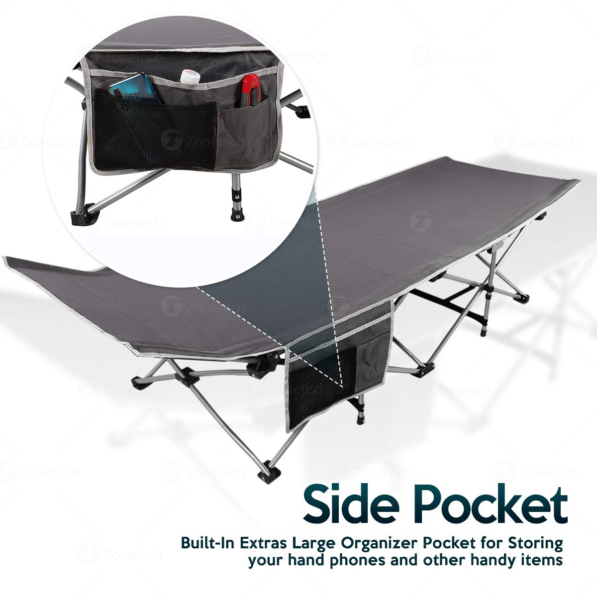 Zone Tech Folding Outdoor Travel Cot - 2 Pack Grey Premium Quality Lightweight Portable Heavy Duty Adult and Kids Travel Cot with Large Pocket