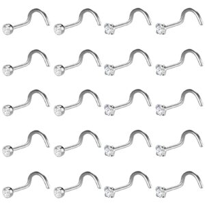 bodyace 20-24pcs 20g nose rings, surgical steel tiny nose rings, cz clear nose piercing jewelry, screw/bone/l-shaped nose studs for women (f set: 20pcs)