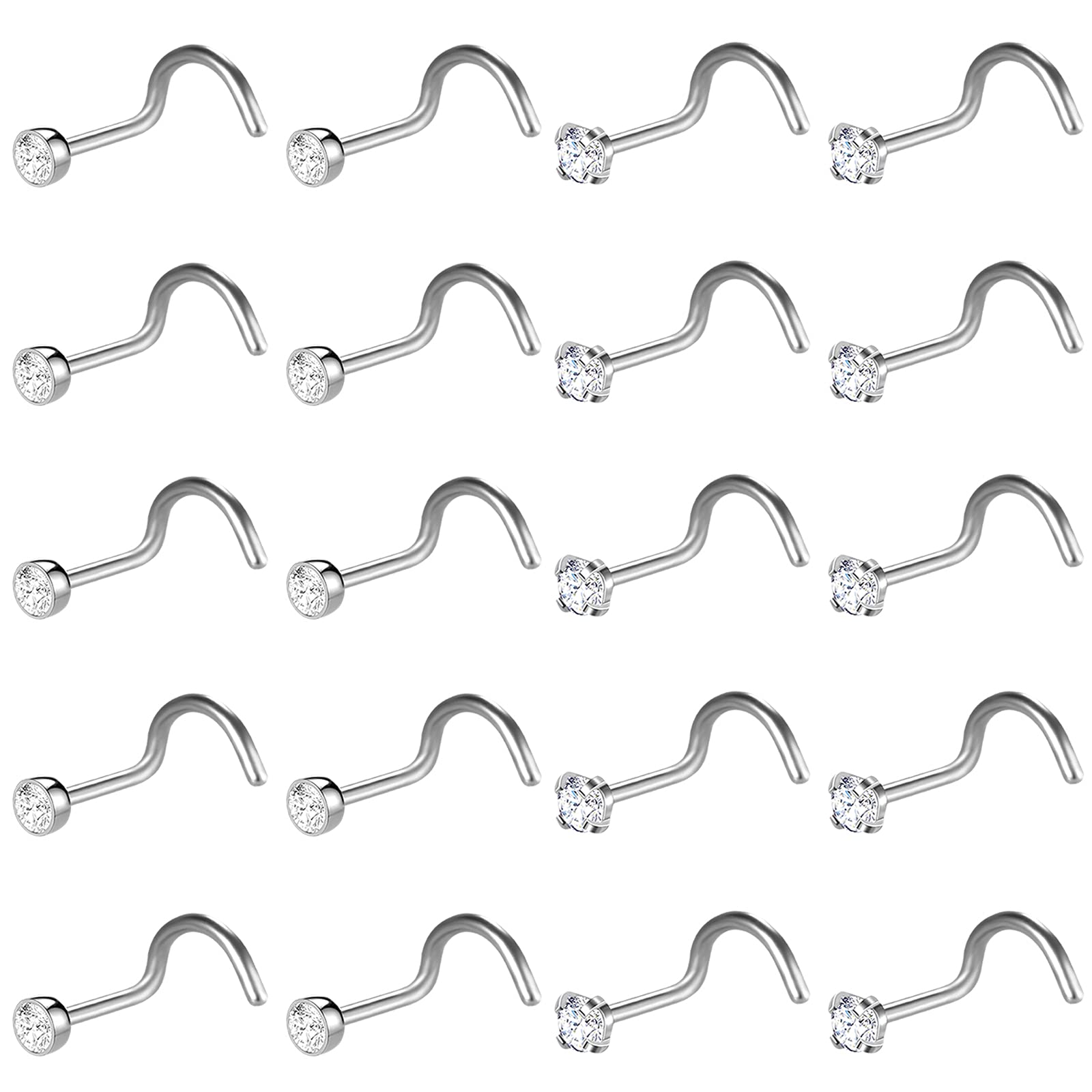 BodyAce 20-24Pcs 20G Nose Rings, Surgical Steel Tiny Nose Rings, CZ Clear Nose Piercing Jewelry, Screw/Bone/L-Shaped Nose Studs for Women (F Set: 20Pcs)