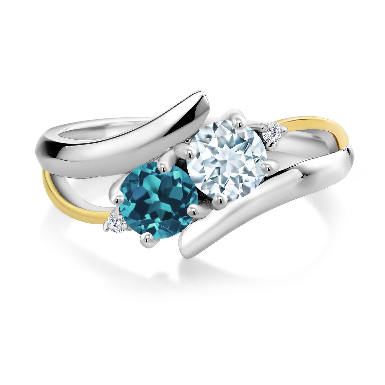 Gem Stone King 925 Sterling Silver and 10K Yellow Gold Sky Blue Aquamarine and London Blue Topaz with White Lab Grown Diamond 2 Stone Women Crossover Ring (1.22 Cttw, Available in size 5, 6, 7, 8, 9)