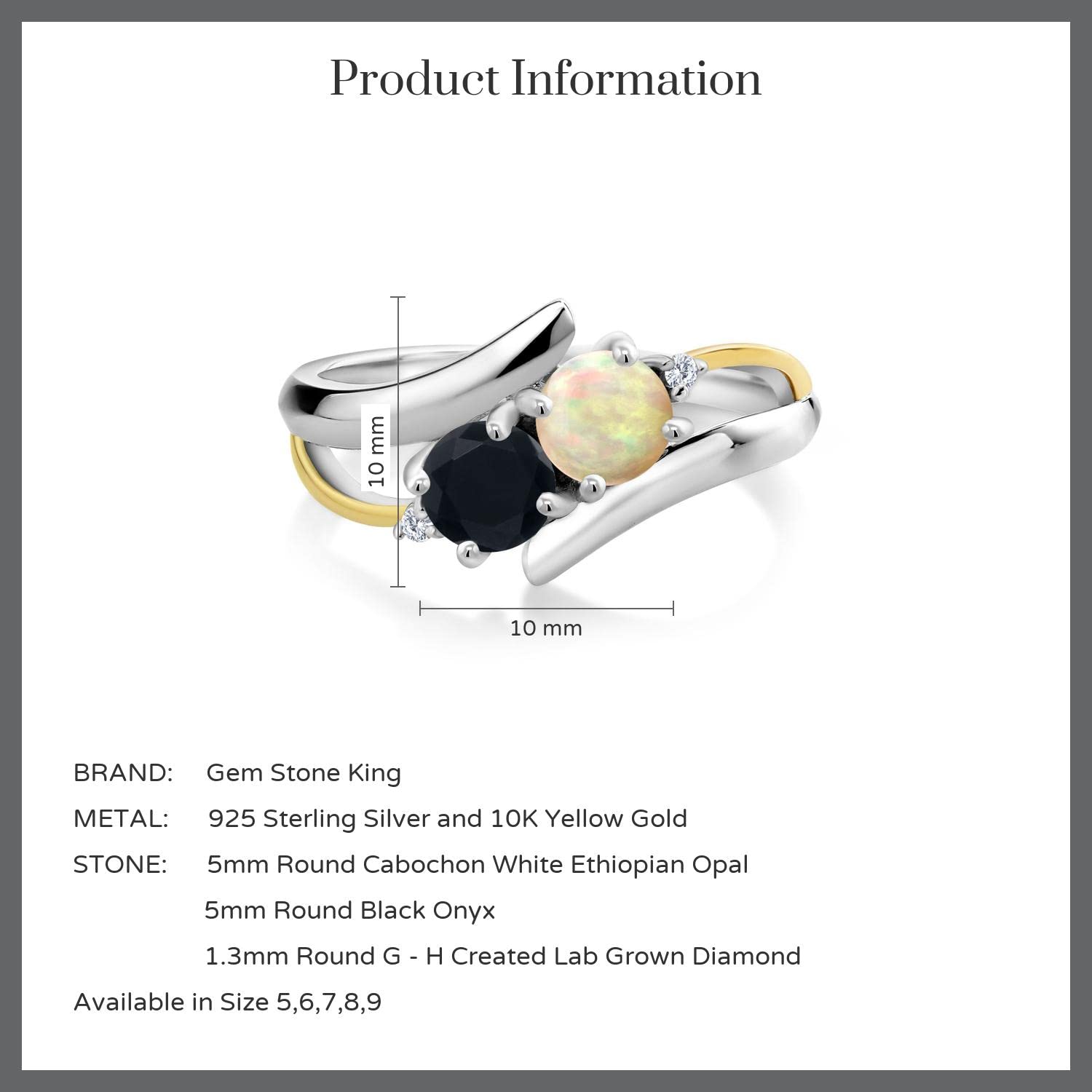 Gem Stone King 925 Silver and 10K Yellow Gold Round Cabochon White Ethiopian Opal Black Onyx and White Lab Grown Diamond 2 Stone Crossover Ring For Women (0.80 Cttw, Available In Size 5, 6, 7, 8, 9)