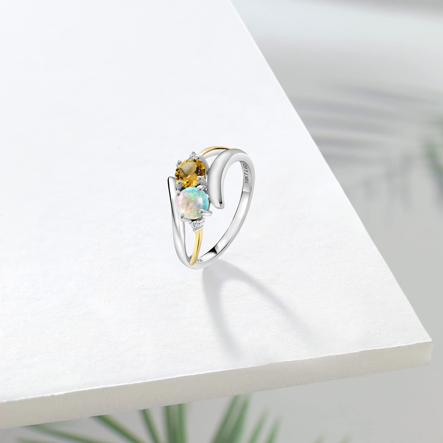 Gem Stone King 925 Sterling Silver and 10K Yellow Gold Yellow Citrine White Simulated Opal and White Lab Grown Diamond 2 Stone Crossover Ring (1.25 Cttw, Available in size 5, 6, 7, 8, 9)