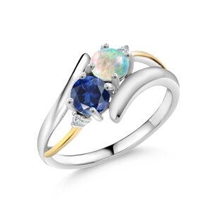 gem stone king 925 silver and 10k yellow gold round cabochon white simulated opal blue created sapphire and white lab grown diamond 2 stone crossover ring (1.12 cttw, available in size 5, 6, 7, 8, 9)