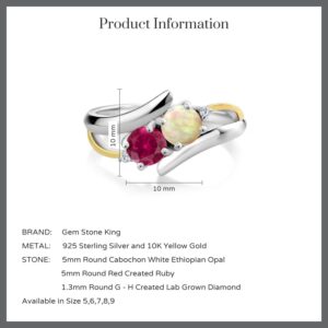 Gem Stone King 925 Sterling Silver & 10K Yellow Gold Round Cabochon White Ethiopian Opal Red Created Ruby & Lab Grown Diamond Women Ring (1.32 Cttw, Available In Size 5, 6, 7, 8, 9)