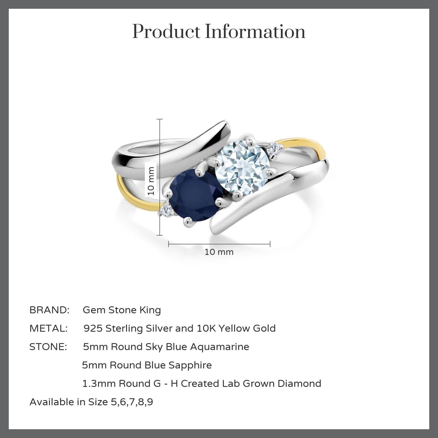 925 Sterling Silver and 10K Yellow Gold Sky Blue Aquamarine Blue Sapphire and White Lab Grown Diamond 2 Stone Crossover Ring (1.12 Cttw, Gemstone Birthstone, Available in size 5, 6, 7, 8, 9)