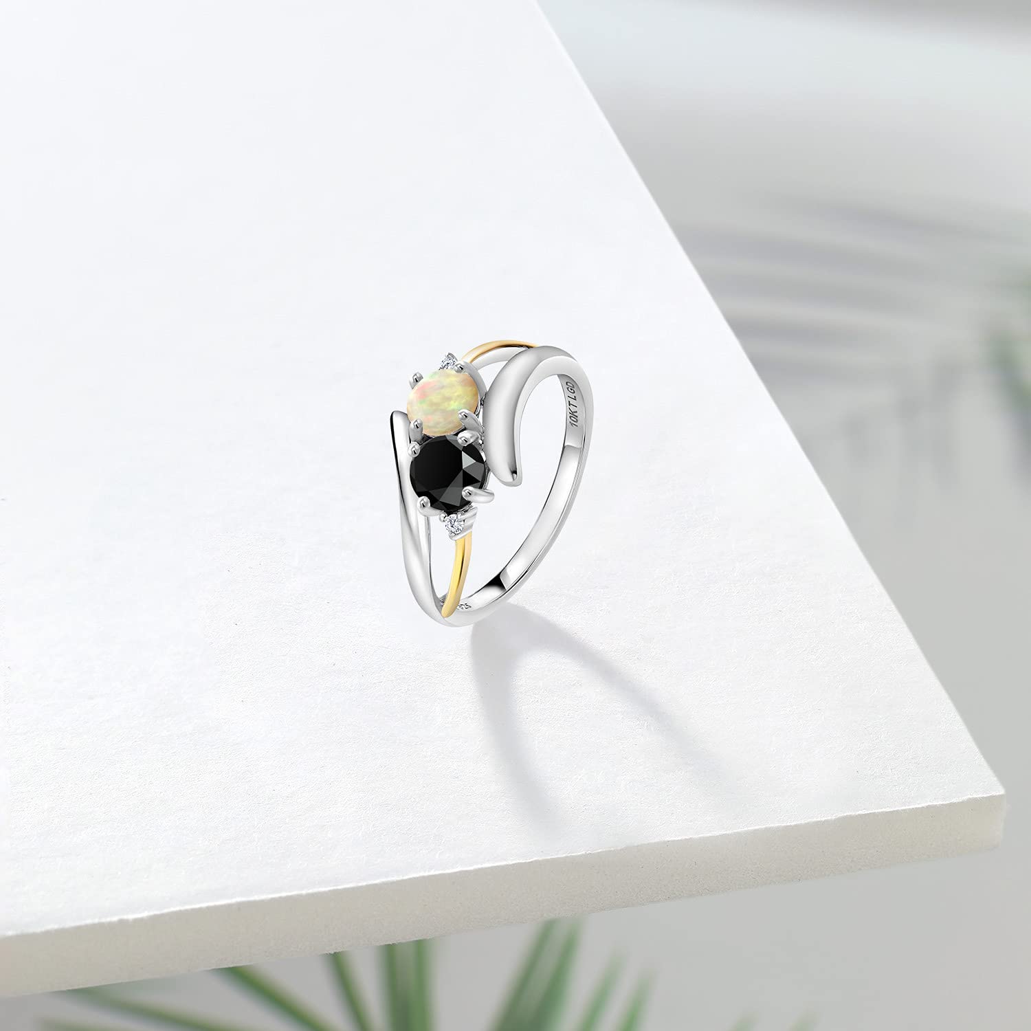 Gem Stone King 925 Silver and 10K Yellow Gold Round Cabochon White Ethiopian Opal Black Onyx and White Lab Grown Diamond 2 Stone Crossover Ring For Women (0.80 Cttw, Available In Size 5, 6, 7, 8, 9)