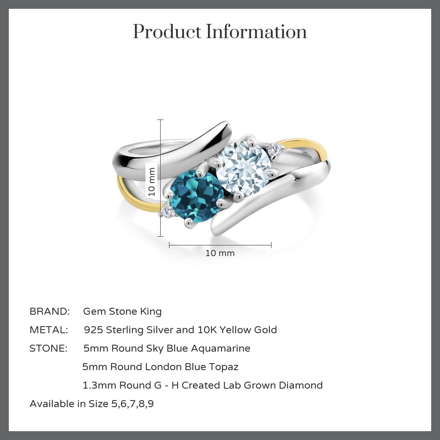 Gem Stone King 925 Sterling Silver and 10K Yellow Gold Sky Blue Aquamarine and London Blue Topaz with White Lab Grown Diamond 2 Stone Women Crossover Ring (1.22 Cttw, Available in size 5, 6, 7, 8, 9)