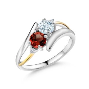 925 sterling silver and 10k yellow gold sky blue aquamarine red garnet and white lab grown diamond 2 stone crossover ring for women (1.52 cttw, gemstone birthstone, available in size 5, 6, 7, 8, 9)