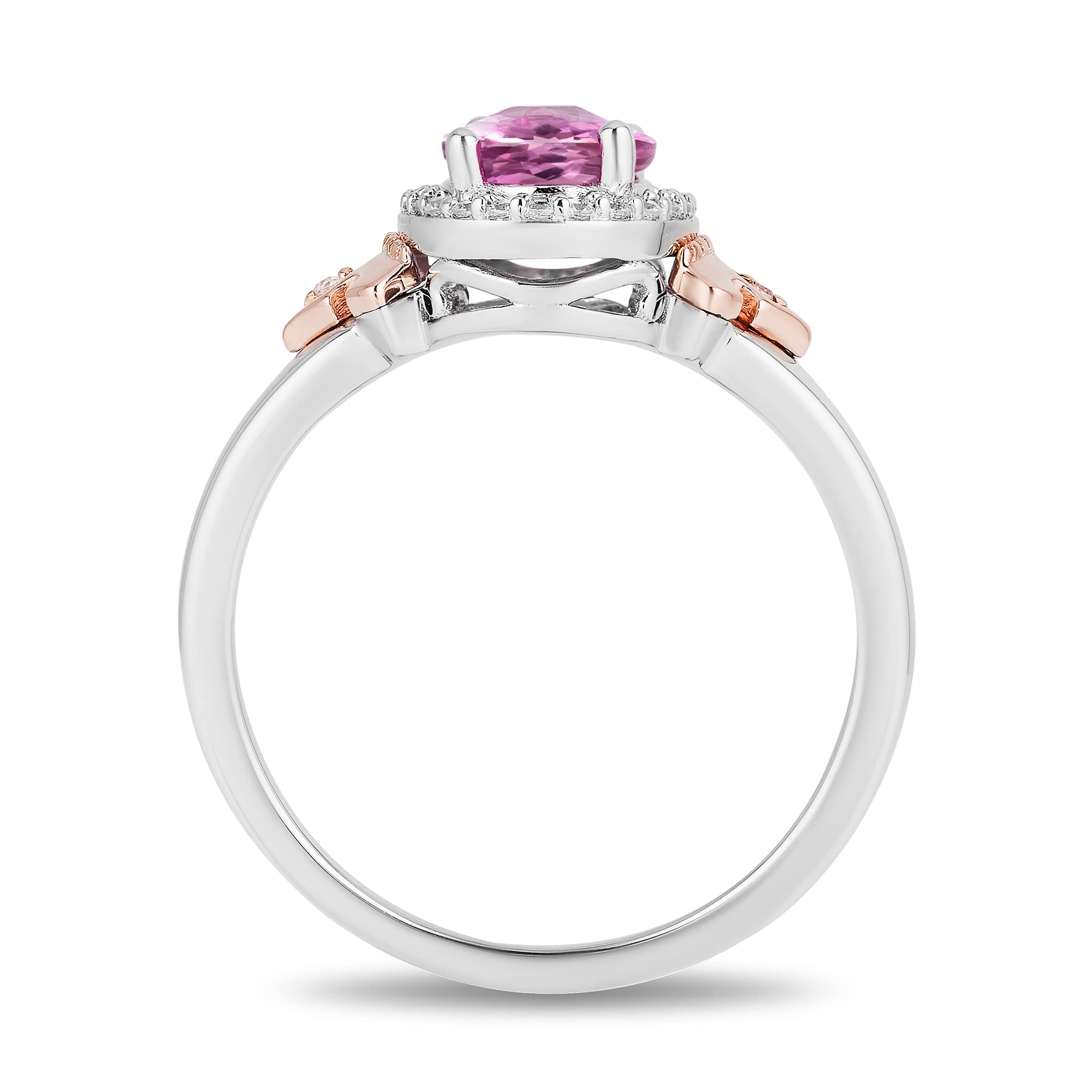 Jewelili Enchanted Disney Fine Jewelry Rose Gold over Sterling Silver 8X6 MM Lab Grown Oval Shape Pink Sapphire and 1/10 Cttw Natural White Round Diamond Aurora Ring, Size 5