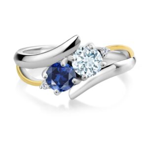 925 Sterling Silver and 10K Yellow Gold Sky Blue Aquamarine Blue Created Sapphire and White Lab Grown Diamond Women Ring (1.12 Cttw, Gemstone Birthstone, Available In Size 5, 6, 7, 8, 9)