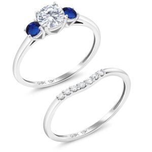 10K White Gold Forever Classic Moissanite From Charles & Colvard and Blue Created Sapphire and Lab Grown Diamond 3-Stone Bridal Engagement Wedding Ring Set For Women (0.83 Cttw, Round 5MM, Size 7)