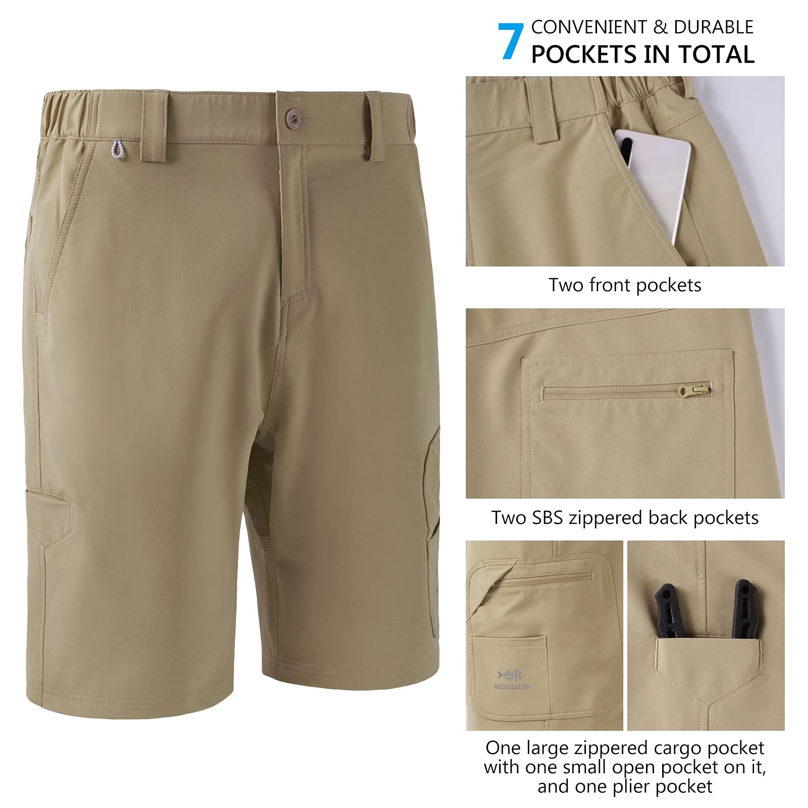 BASSDASH 10.5” Mens Fishing Cargo Shorts Quick Dry UPF 50+ Water Resistant FP01M Khaki