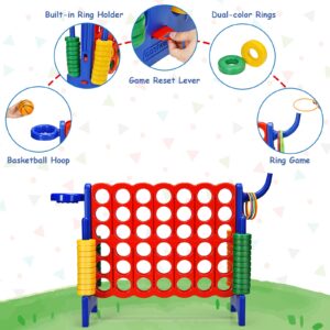 COSTWAY Jumbo 4-to-Score Giant Game Set for Kids & Adults, 2.5Ft Indoor Outdoor Game Set with Basketball Hoop, Ring Game, 42 Jumbo Rings, Quick-Release Slider, Perfect for Holiday Party (Blue)