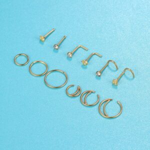 BodyAce 12pcs 20g Gold Nose Ring Hoop Nose Studs for Men Women Nose Piercing Jewelry Diamond Septum Ring Nose Bones/L Shaped/Nose Screw Sets Stainless Steel Nostril Studs (Gold)