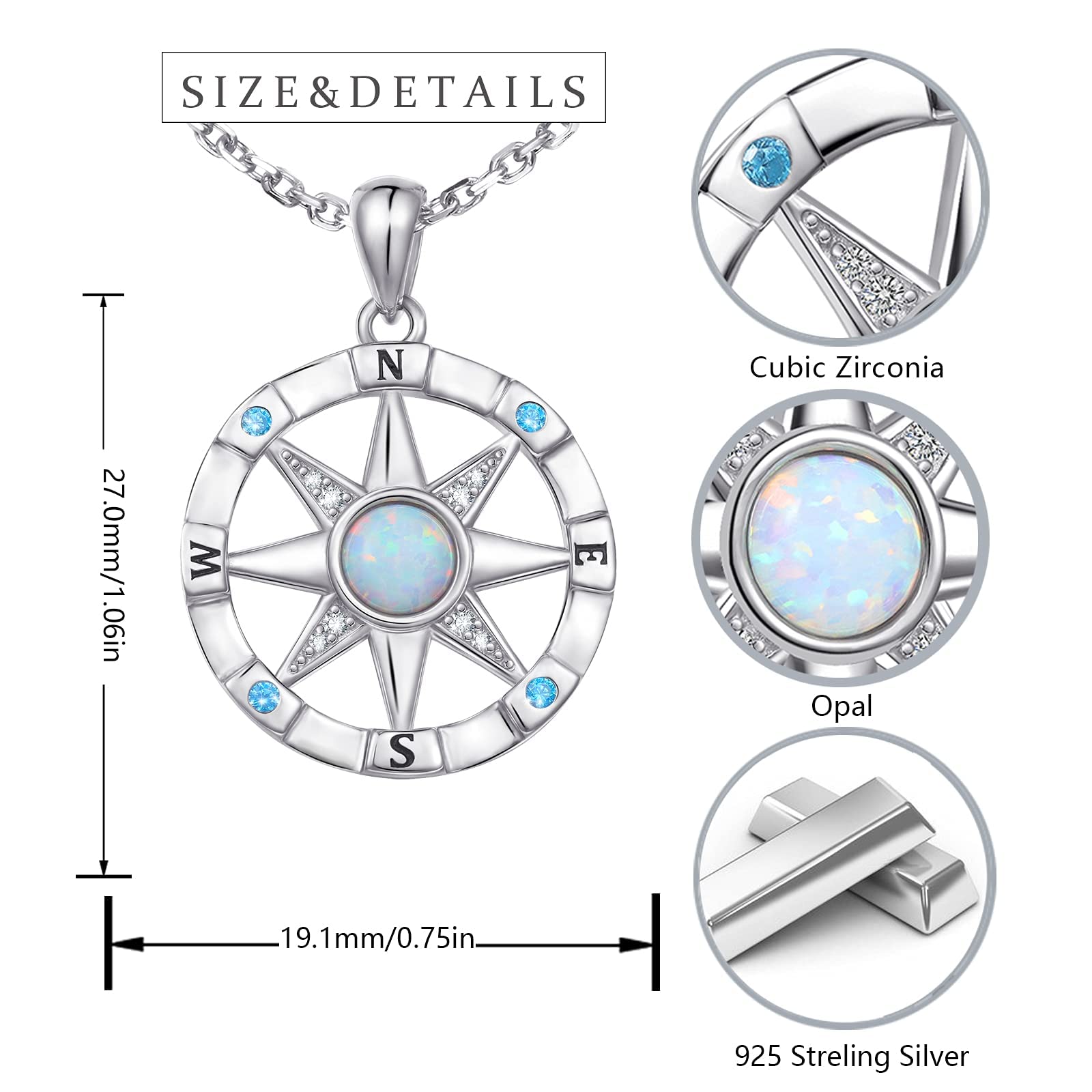 Bolelis Sterling-Silver Opal Compass Necklace for Women - Inspirational Nautical Dream Compass Pendant，Created Opal Necklaces for Women Mother's Day and Graduation Jewelry Gifts