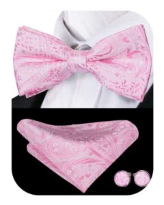 hi-tie pink paisley bow ties for men wedding woven silk classic pretied bowtie and pocket square cufflinks set