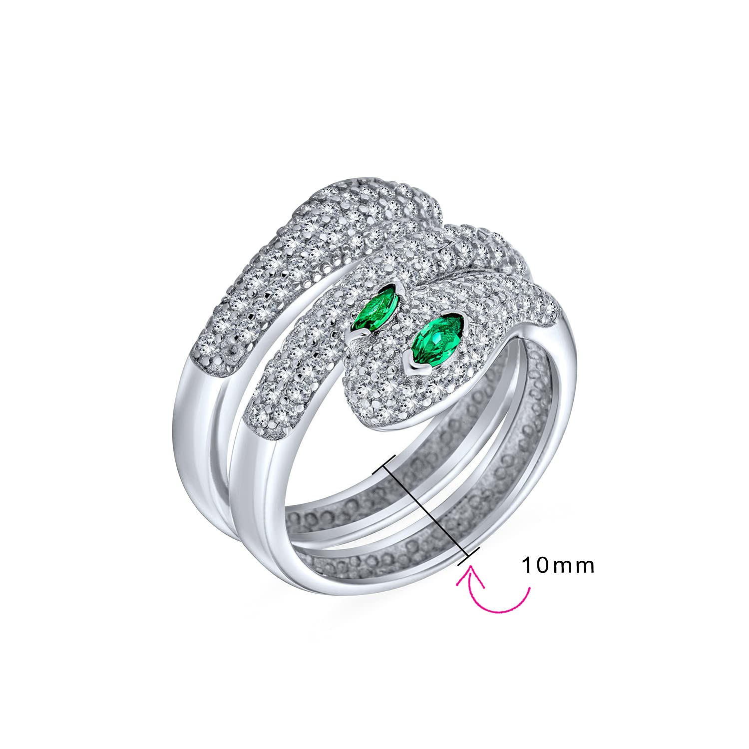 Bling Jewelry Egyptian Style Exotic Formal CZ Micro Pave Simulated Emerald Green Eye Wrapping Stackable Bypass Wrap Wide Statement Serpent Snake Ring for Women Open Adjustable .925 Sterling Sliver