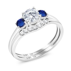 10k white gold forever classic moissanite from charles & colvard and blue created sapphire and lab grown diamond 3-stone bridal engagement wedding ring set for women (0.83 cttw, round 5mm, size 7)