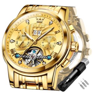 olevs self winding watches for men tourbillon automatic mechanics luxury dress gold face gold stainless steel strap luminous waterproof wrist watches