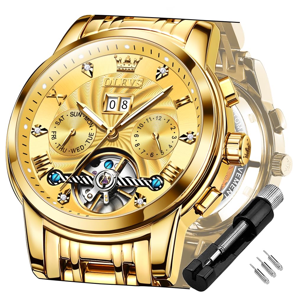 OLEVS Self Winding Watches for Men Tourbillon Automatic Mechanics Luxury Dress Gold Face Gold Stainless Steel Strap Luminous Waterproof Wrist Watches