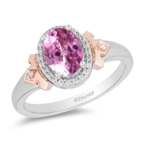 jewelili enchanted disney fine jewelry rose gold over sterling silver 8x6 mm lab grown oval shape pink sapphire and 1/10 cttw natural white round diamond aurora ring, size 5