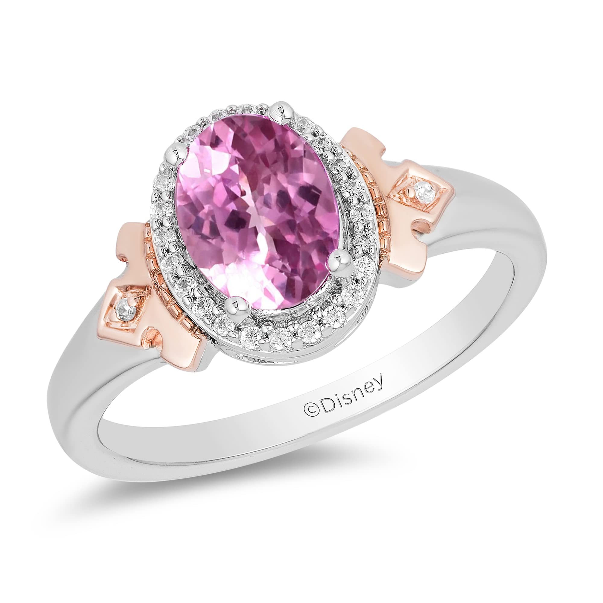 Jewelili Enchanted Disney Fine Jewelry Rose Gold over Sterling Silver 8X6 MM Lab Grown Oval Shape Pink Sapphire and 1/10 Cttw Natural White Round Diamond Aurora Ring, Size 5