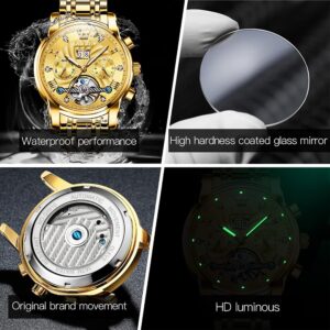 OLEVS Self Winding Watches for Men Tourbillon Automatic Mechanics Luxury Dress Gold Face Gold Stainless Steel Strap Luminous Waterproof Wrist Watches