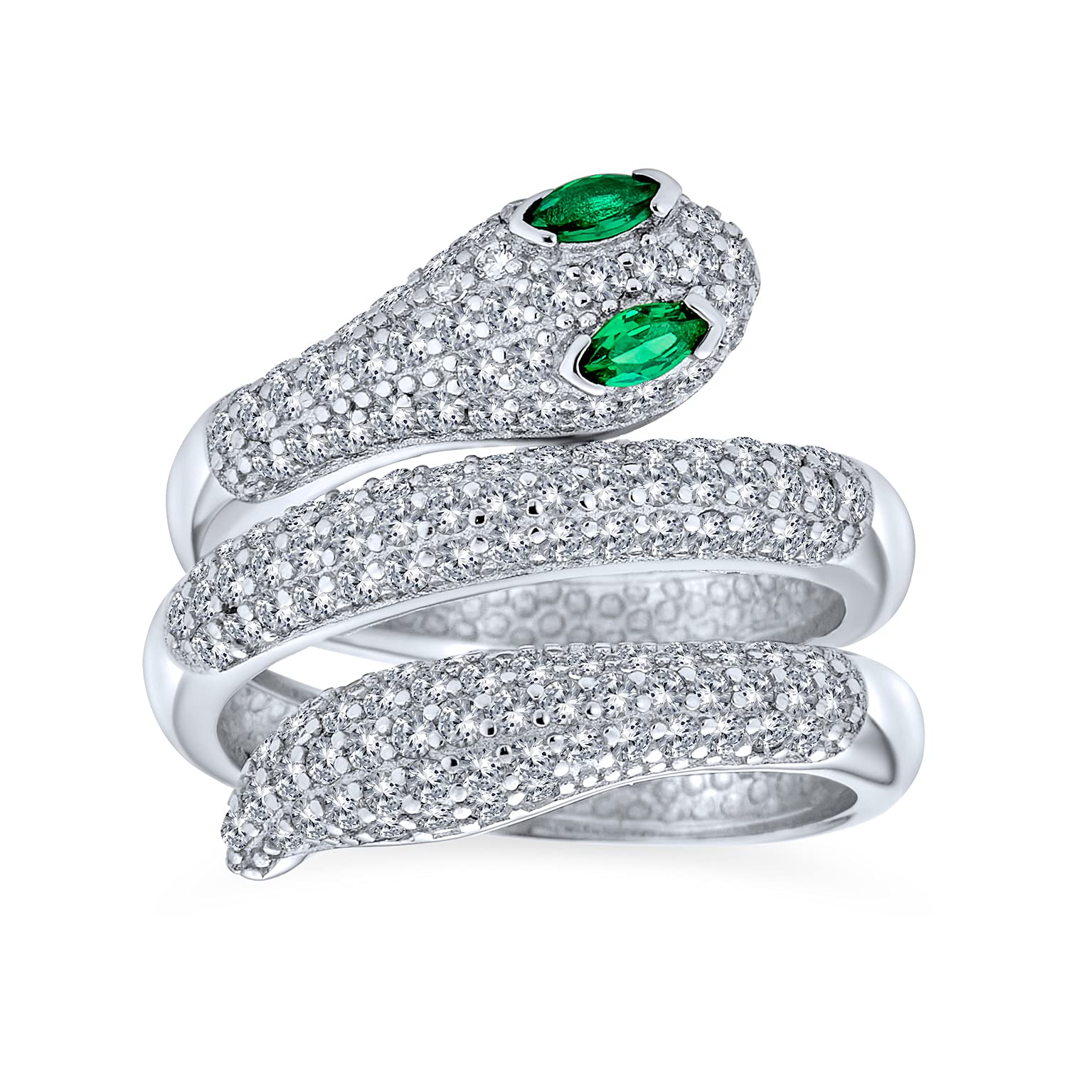 Bling Jewelry Egyptian Style Exotic Formal CZ Micro Pave Simulated Emerald Green Eye Wrapping Stackable Bypass Wrap Wide Statement Serpent Snake Ring for Women Open Adjustable .925 Sterling Sliver