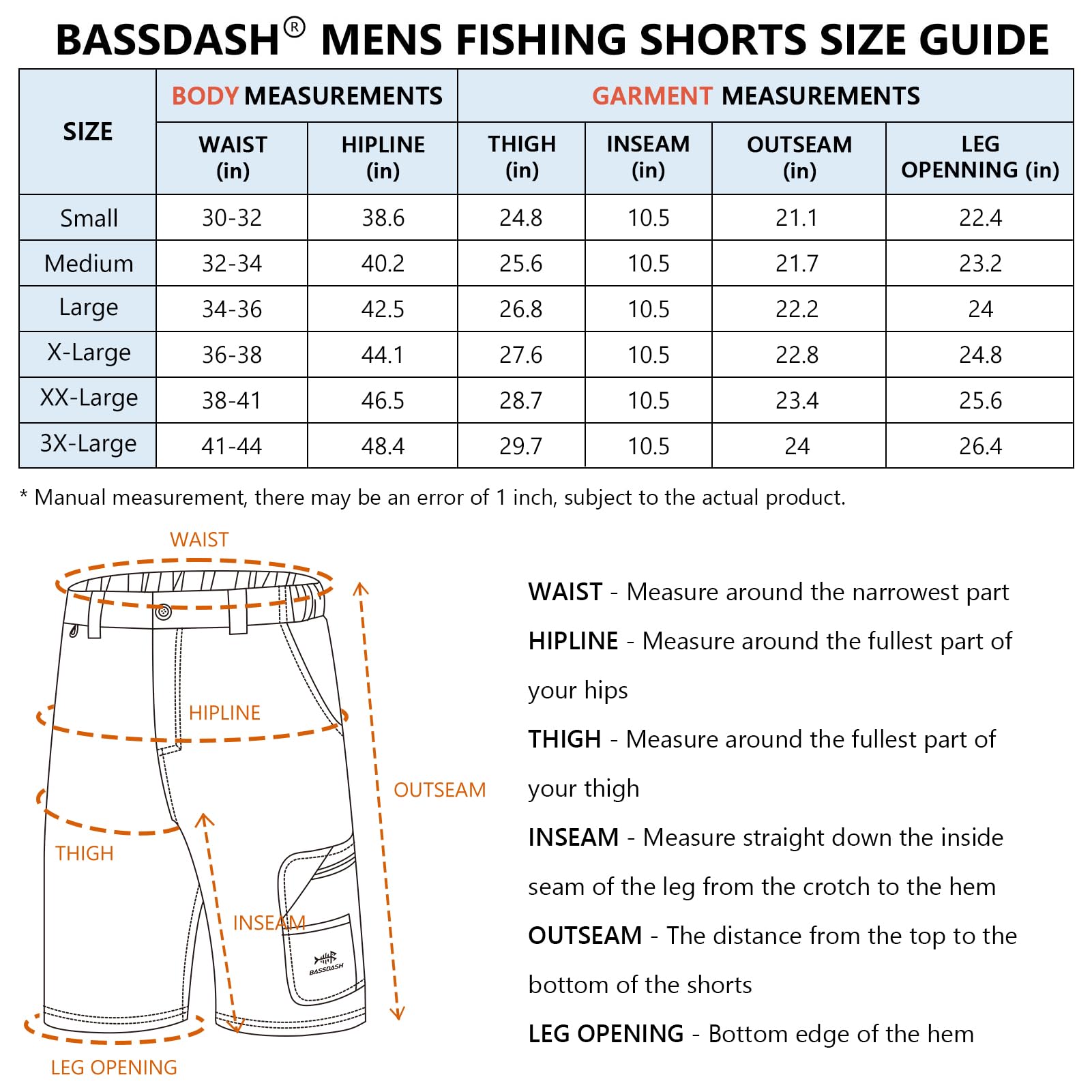 BASSDASH 10.5” Mens Fishing Cargo Shorts Quick Dry UPF 50+ Water Resistant FP01M Khaki