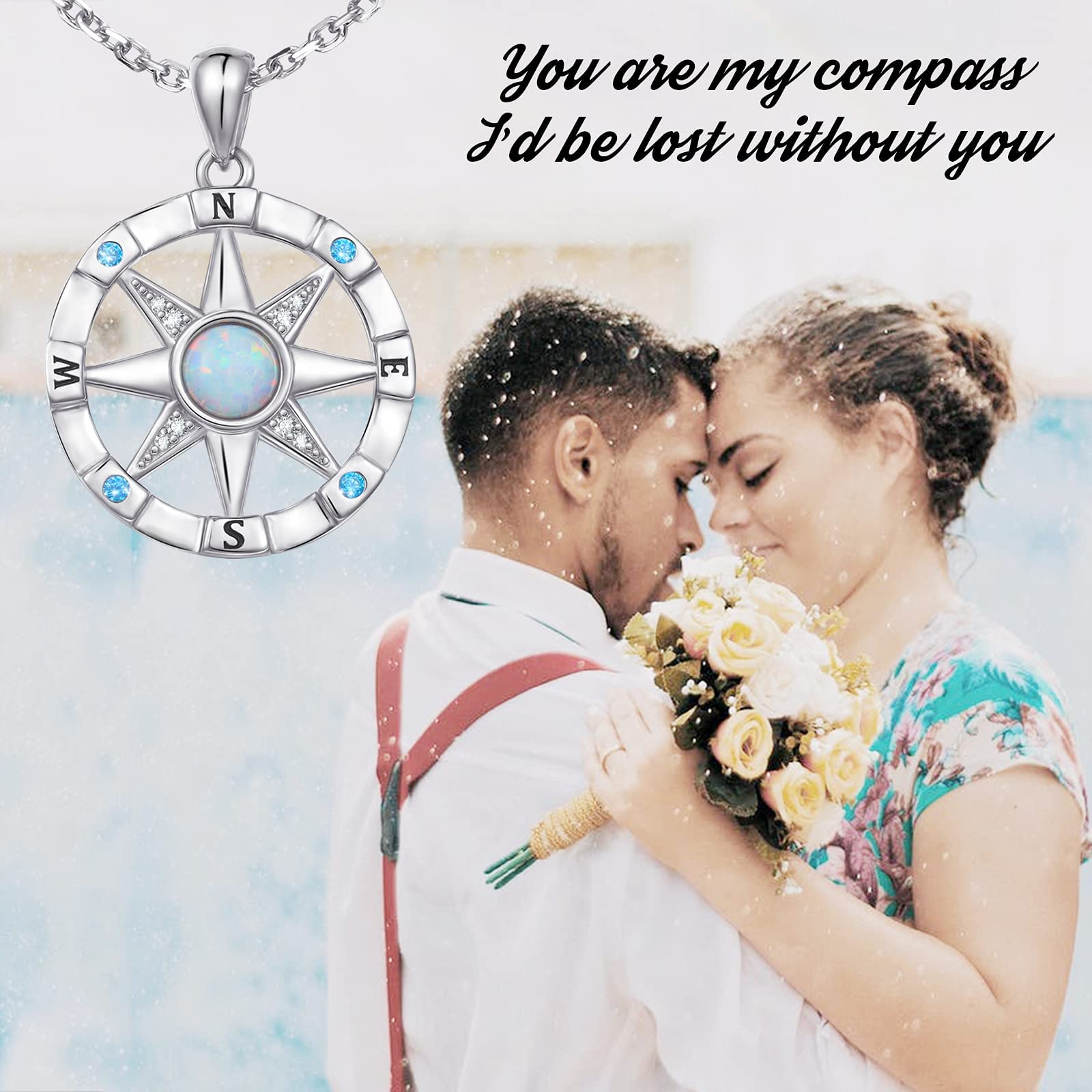 Bolelis Sterling-Silver Opal Compass Necklace for Women - Inspirational Nautical Dream Compass Pendant，Created Opal Necklaces for Women Mother's Day and Graduation Jewelry Gifts