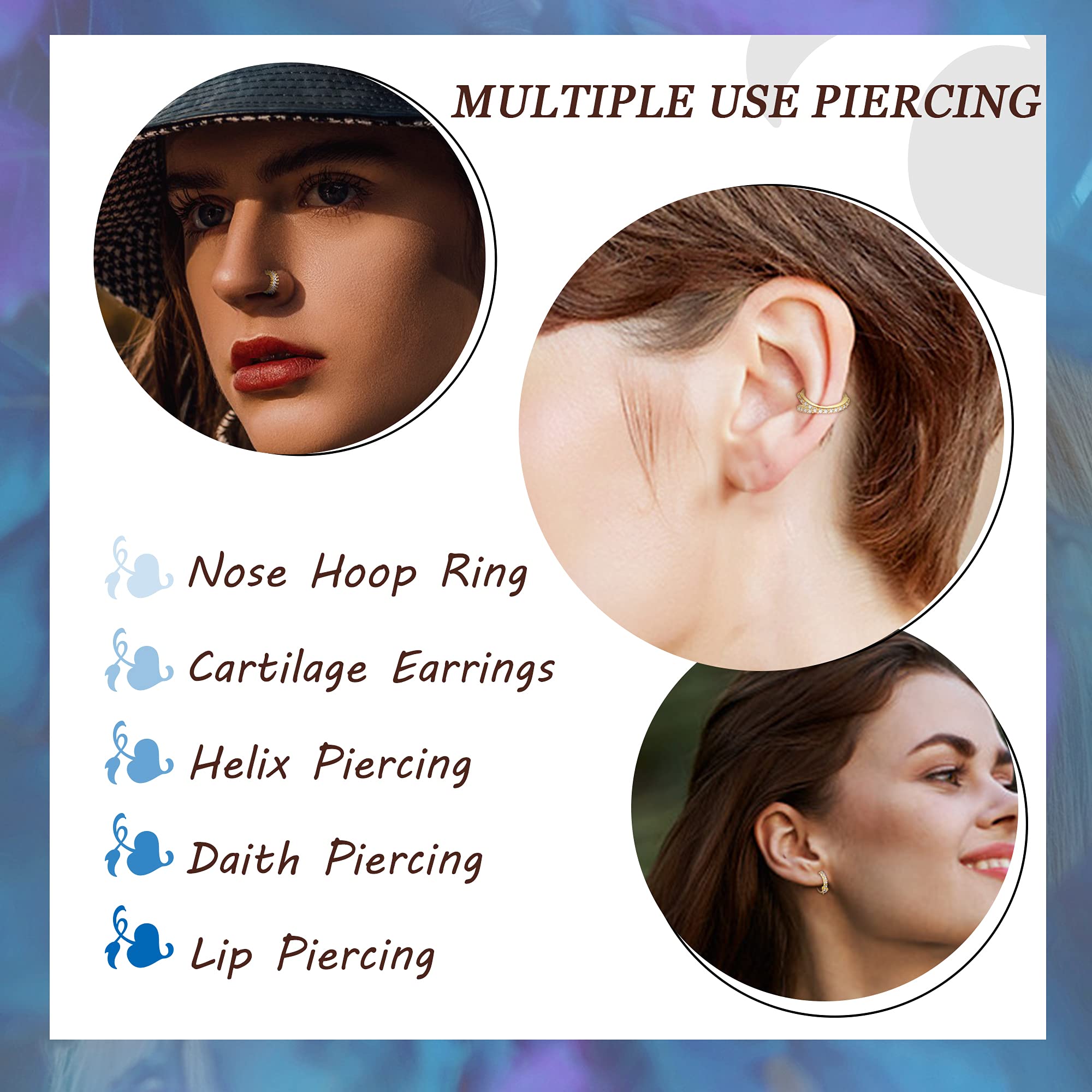 Drperfect 9Pcs 20G Nose Ring Hoop Stainless Steel Paved CZ Cartilage Earrings Hoop Nose Piercing Jewelry for Women Men Silver Gold Rose Gold Black Nose Ring Hoop