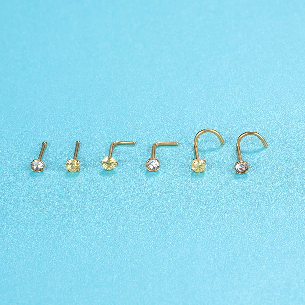 BodyAce 12pcs 20g Gold Nose Ring Hoop Nose Studs for Men Women Nose Piercing Jewelry Diamond Septum Ring Nose Bones/L Shaped/Nose Screw Sets Stainless Steel Nostril Studs (Gold)