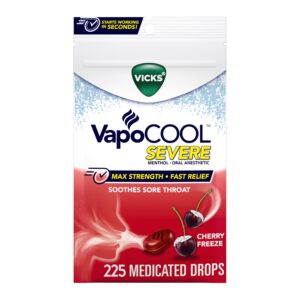 vicks vapocool severe medicated sore throat drops, fast-acting max strength relief, soothes sore throat pain caused by cough, powerful vicks vapors, menthol, cherry freeze, 225 total (5 packs of 45)