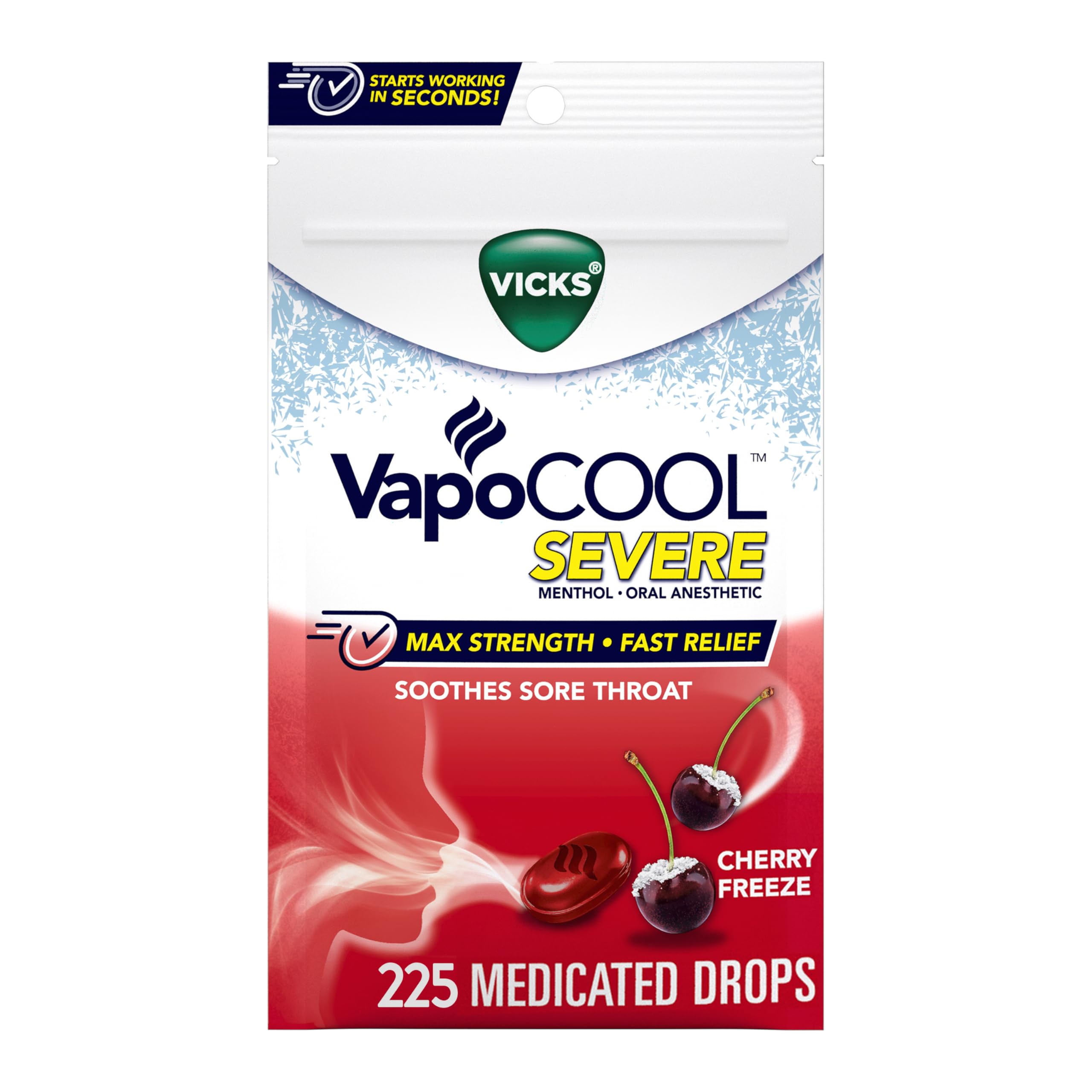 Vicks VapoCOOL SEVERE Medicated Sore Throat Drops, Fast-Acting Max Strength Relief, Soothes Sore Throat Pain Caused by Cough, Powerful Vicks Vapors, Menthol, Cherry Freeze, 225 Total (5 Packs of 45)