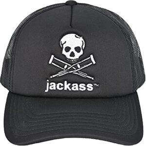 mtv jackass embroidered skull and crutches logo adjustable cotton and mesh trucker hat with curved brim, black, one size