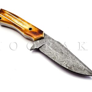 HK-326 Custom Handmade Damascus Steel Knife - Full Tang Fire Camel bone Handle, with Leather Sheath, Ideal Knife for Camping or everyday use