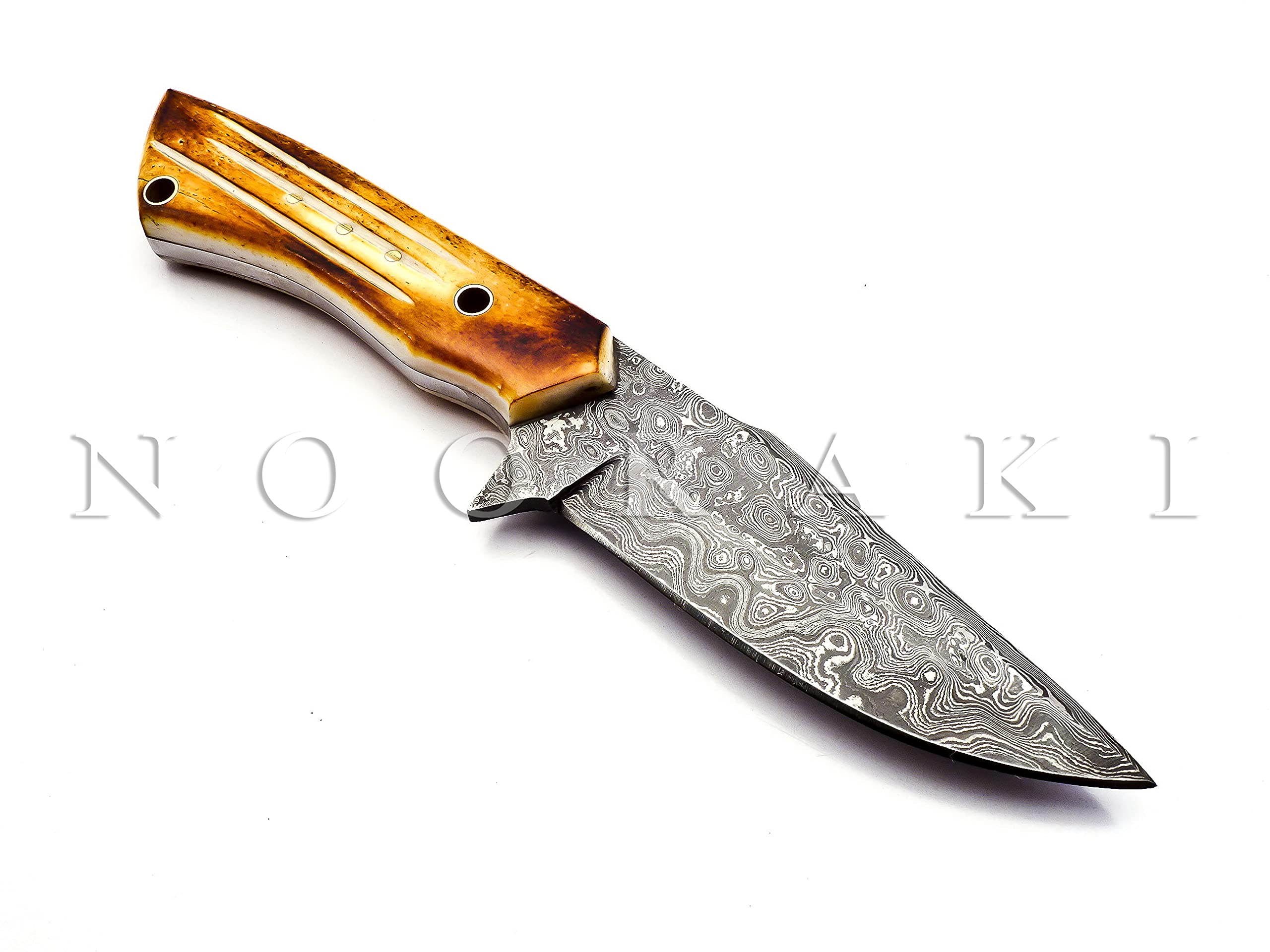 HK-326 Custom Handmade Damascus Steel Knife - Full Tang Fire Camel bone Handle, with Leather Sheath, Ideal Knife for Camping or everyday use