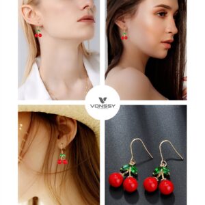 VONSSY Cherry Earrings | Red Drop Dangle & Stud Earrings