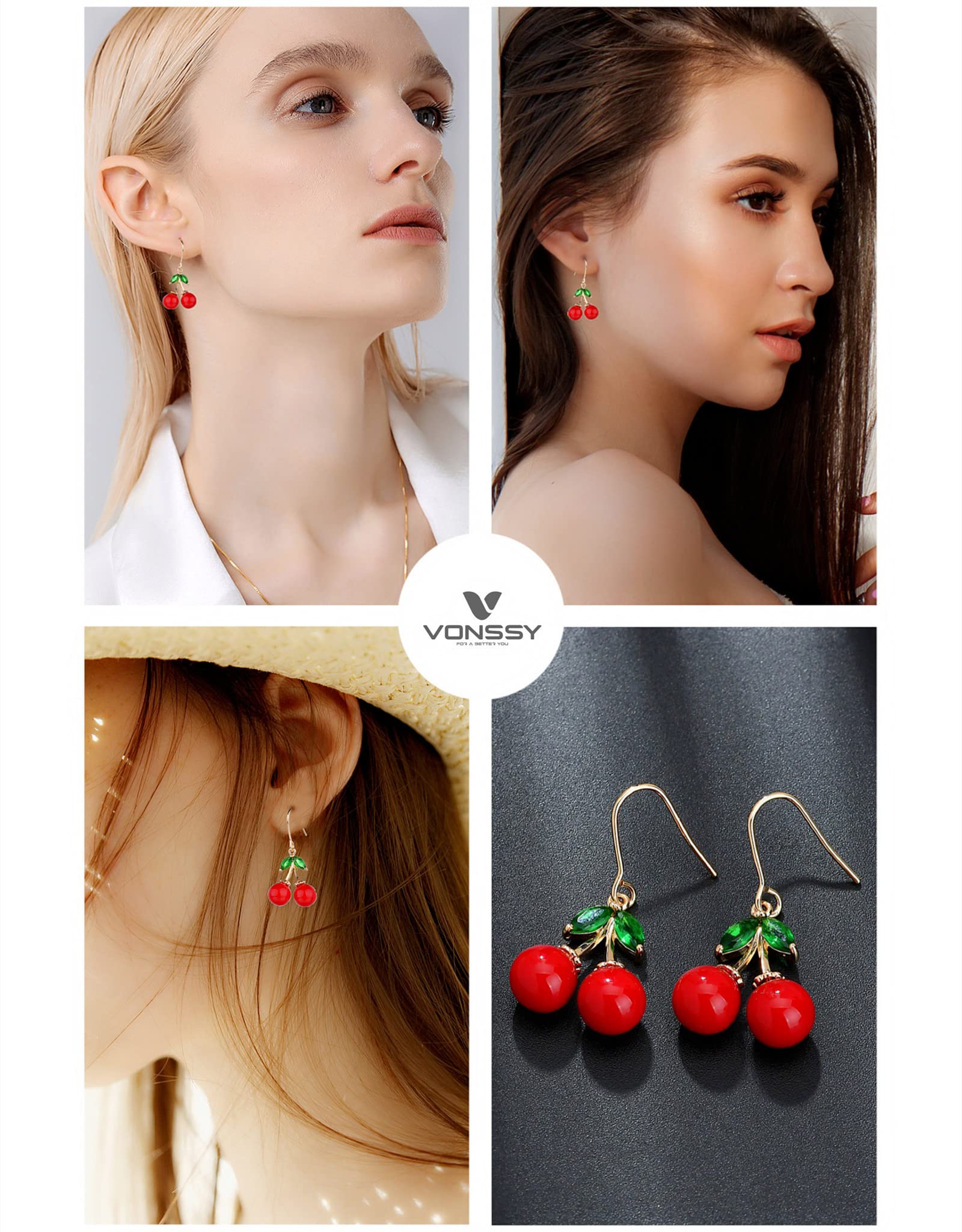 VONSSY Cherry Earrings | Red Drop Dangle & Stud Earrings