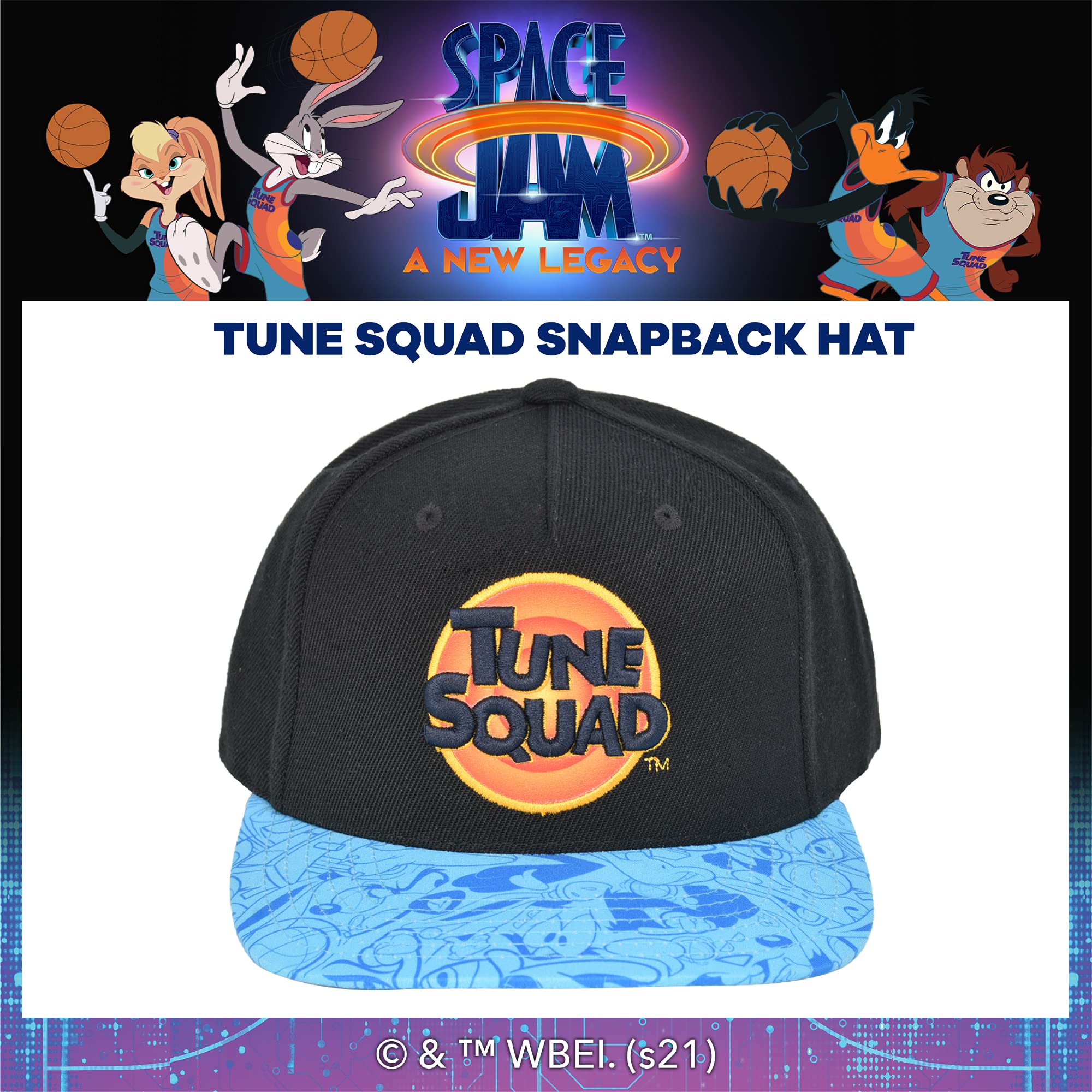 Warner Bros Space Jam 2 Tune Squad Snapback Hat, Adjustable Baseball Cap Black